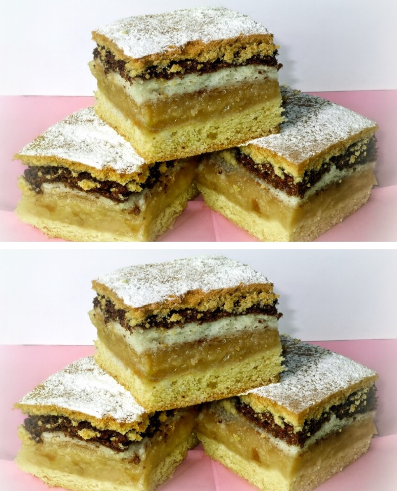 Prajitura de post cu mere, crema alba si blat pufos in doua culori ...